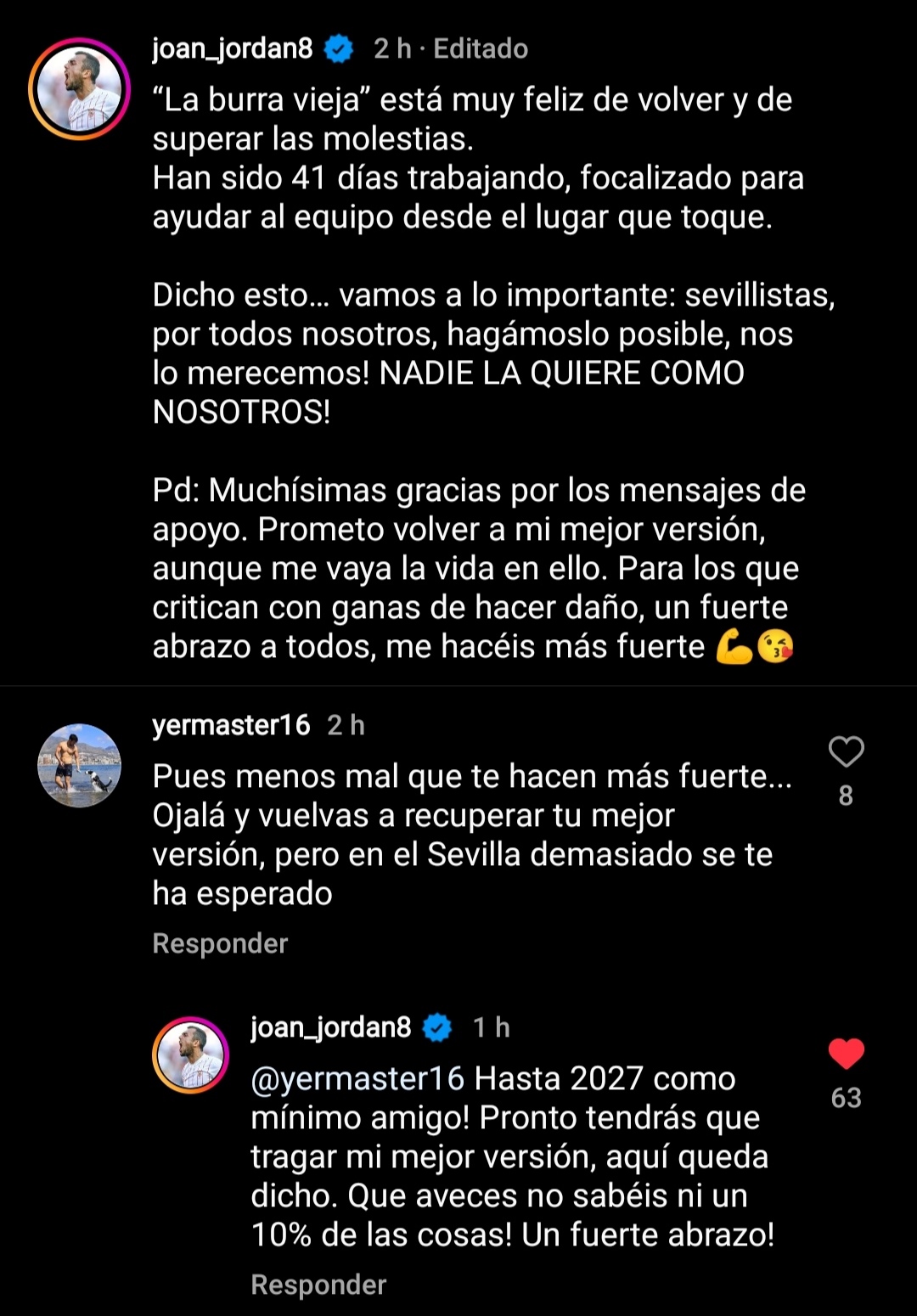 Jordán se pica con un sevillista por Instagram - Ficherio